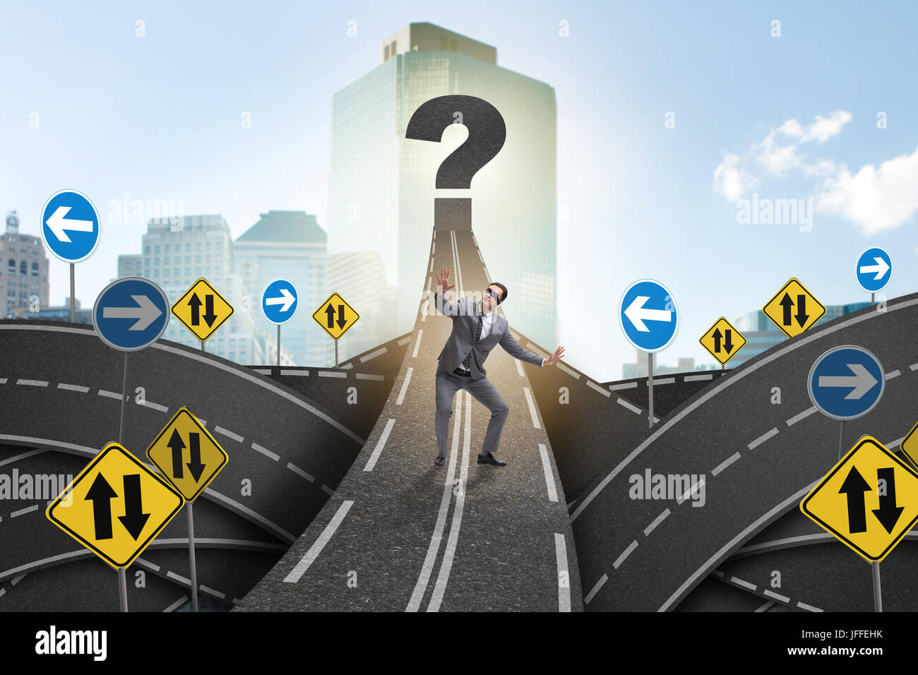 Blindfold businessman on the road unsure Stock Photo - Alamy