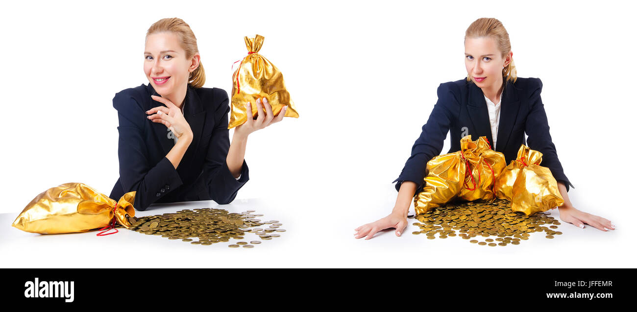 Woman with coins and golden sacks Stock Photo - Alamy