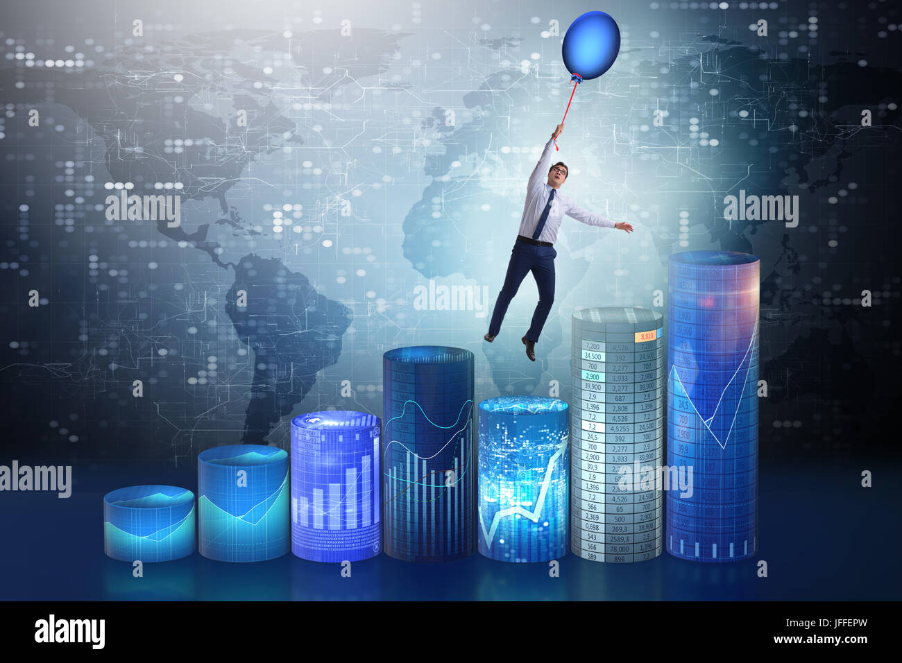 Businessman flying on hot balloon over graph Stock Photo - Alamy