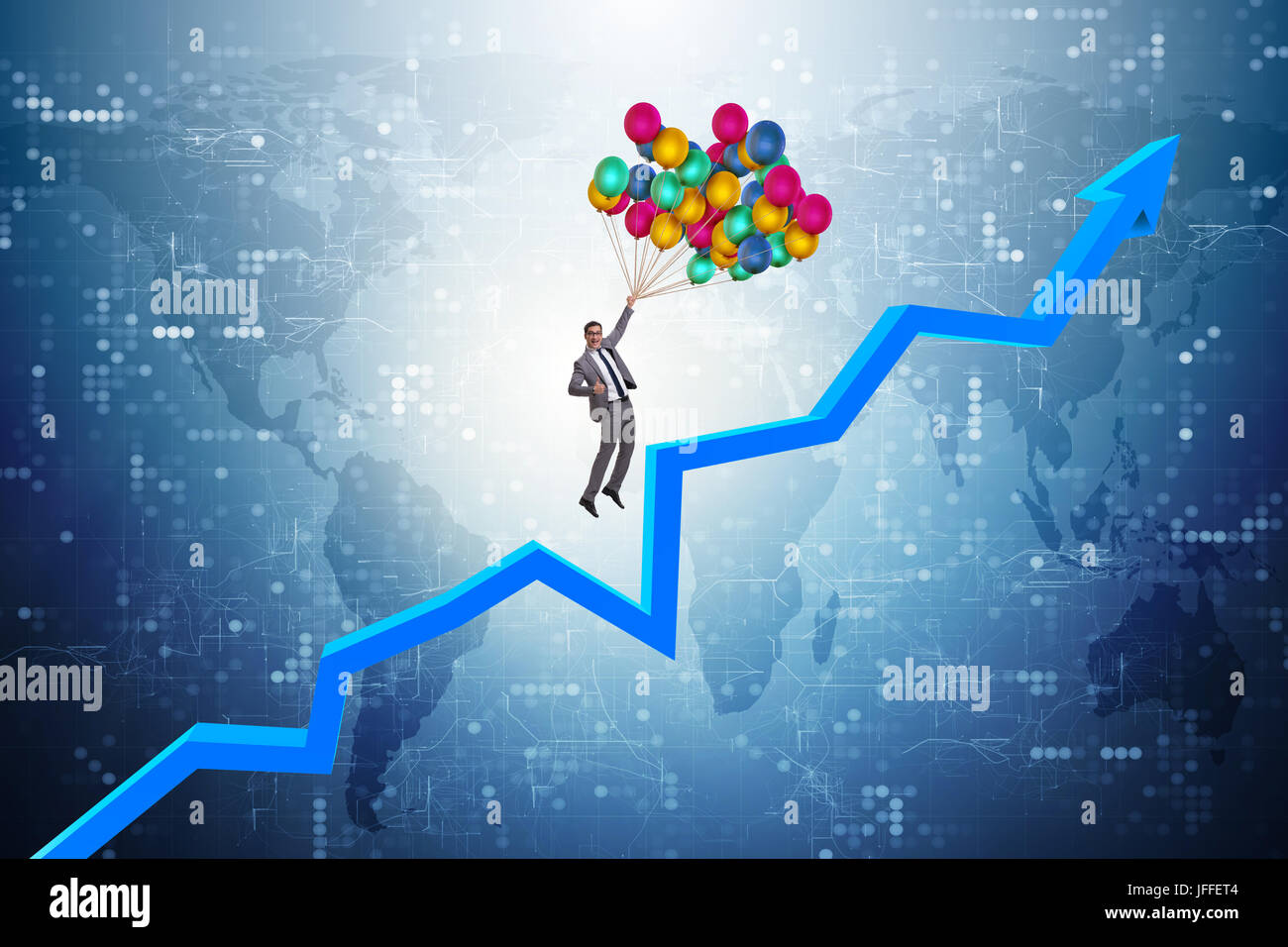 Businessman flying on balloons over graph Stock Photo - Alamy