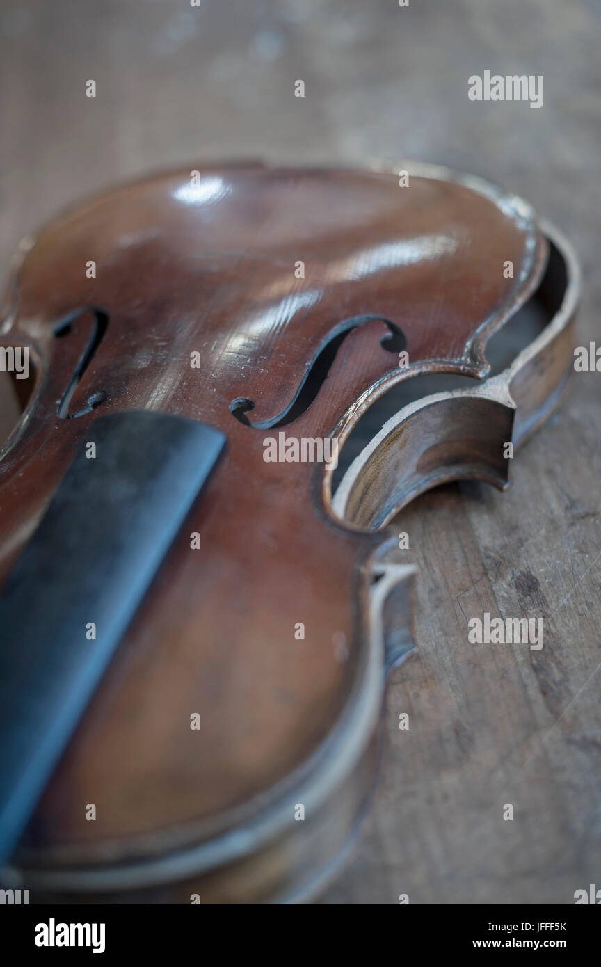 Close-up of violin on table Stock Photo - Alamy