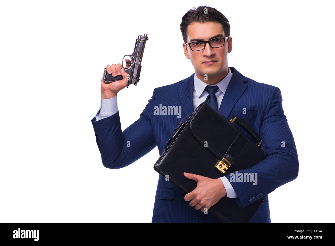 Businessman with gun isolated on white Stock Photo - Alamy