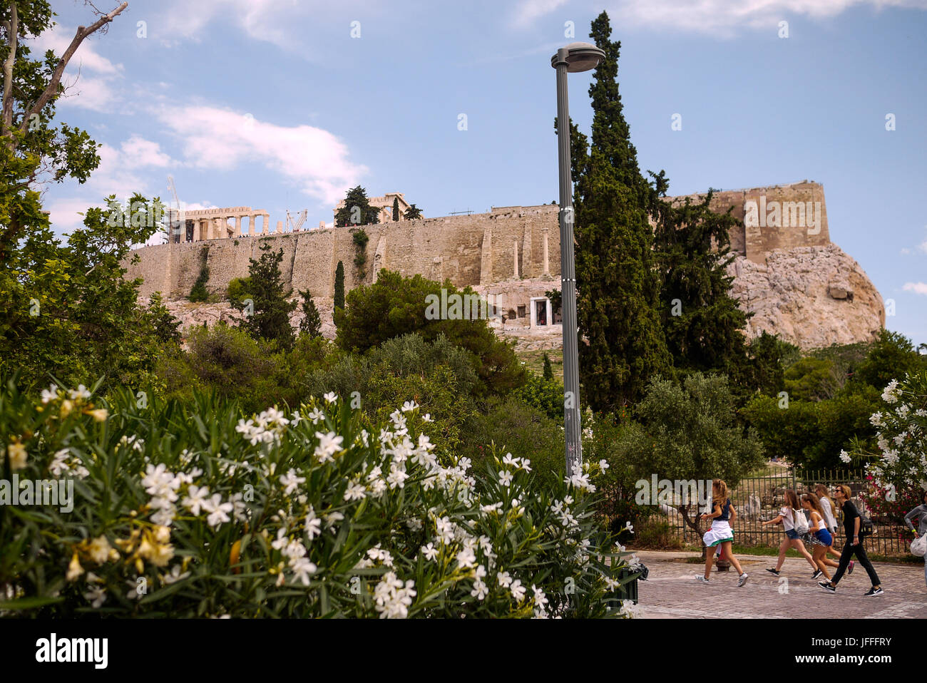 General view of the Acropolis hill as seen from Plaka district, in ...