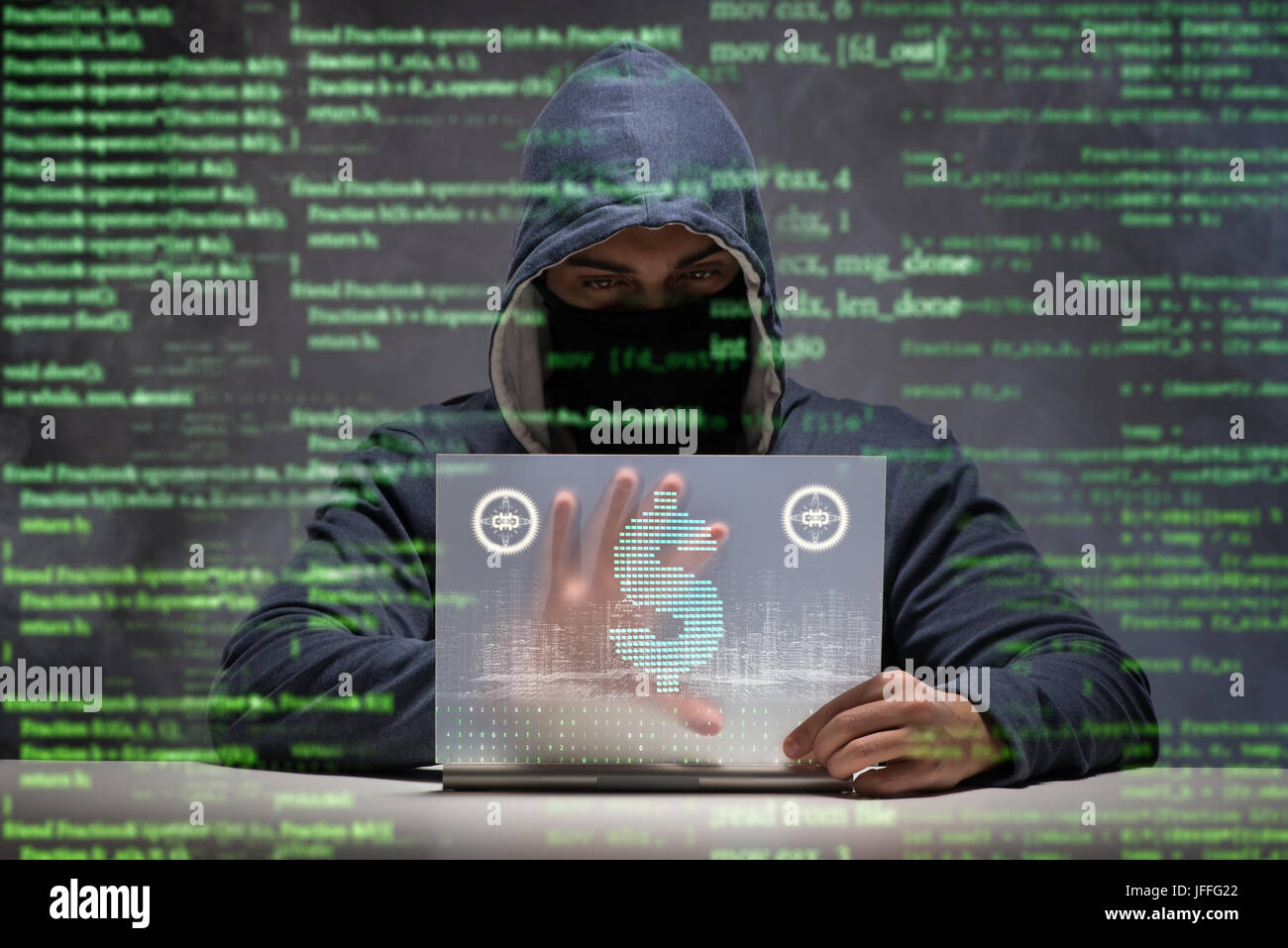 Hacker stealing dollars from bank Stock Photo - Alamy