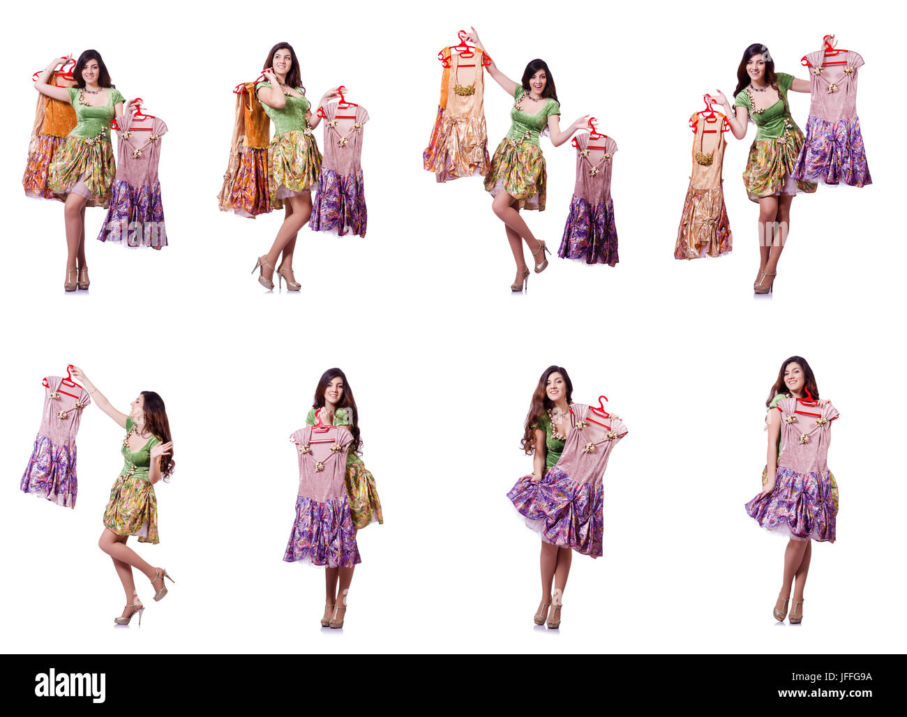 Woman trying to choose dress on white Stock Photo - Alamy
