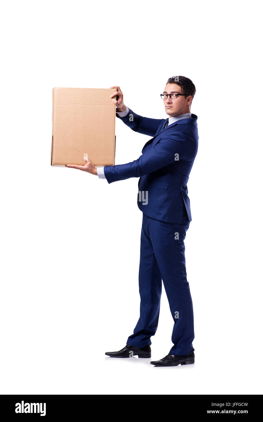 Businessman lifting box isolated on white Stock Photo - Alamy