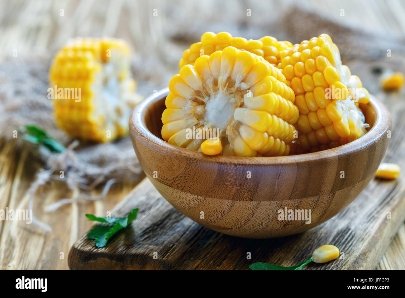 Wooden bowl with chopped corn on the cob Stock Photo - Alamy
