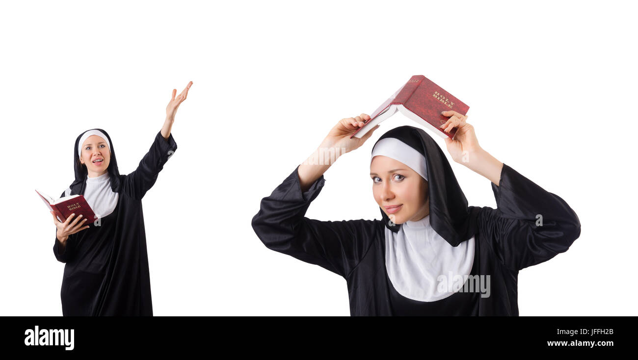 Pretty nun with Bible isolated on white Stock Photo - Alamy