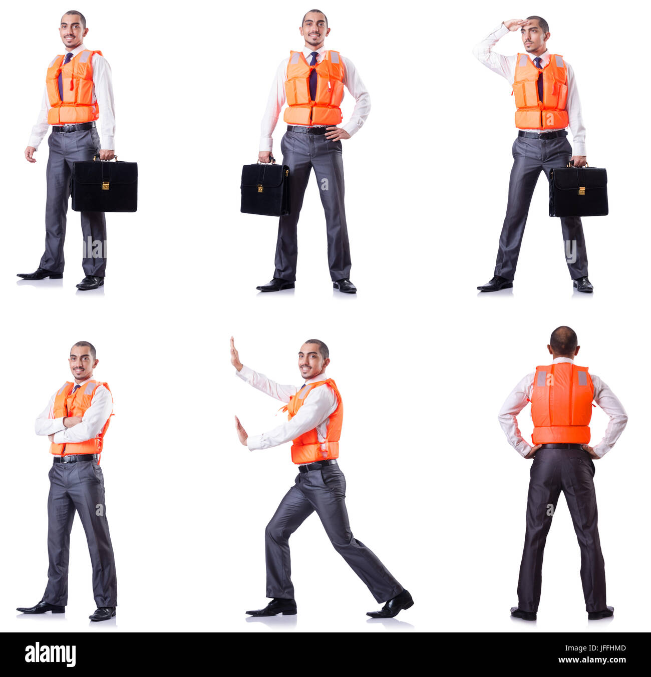 Man in life jacket isolated on white Stock Photo - Alamy