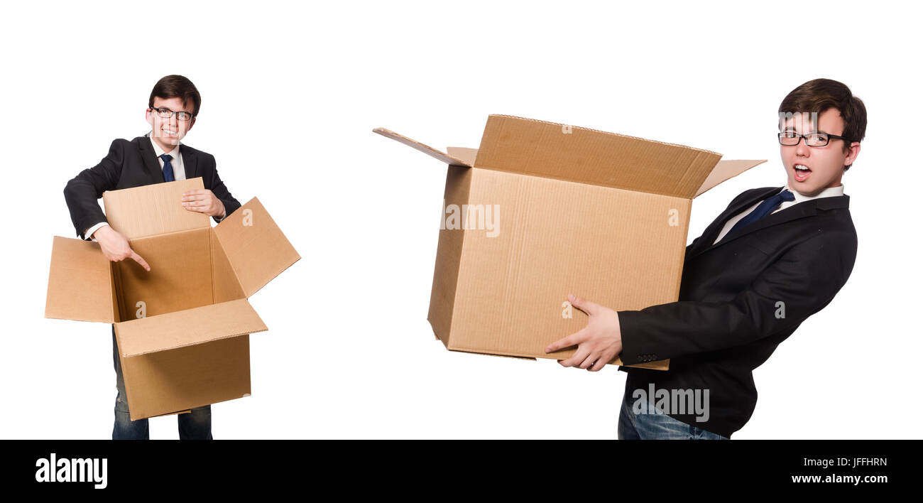 Funny man with boxes isolated on white Stock Photo - Alamy
