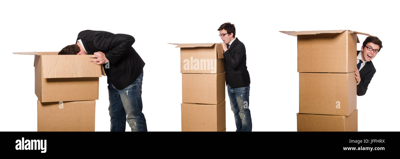 Funny man with boxes isolated on white Stock Photo - Alamy