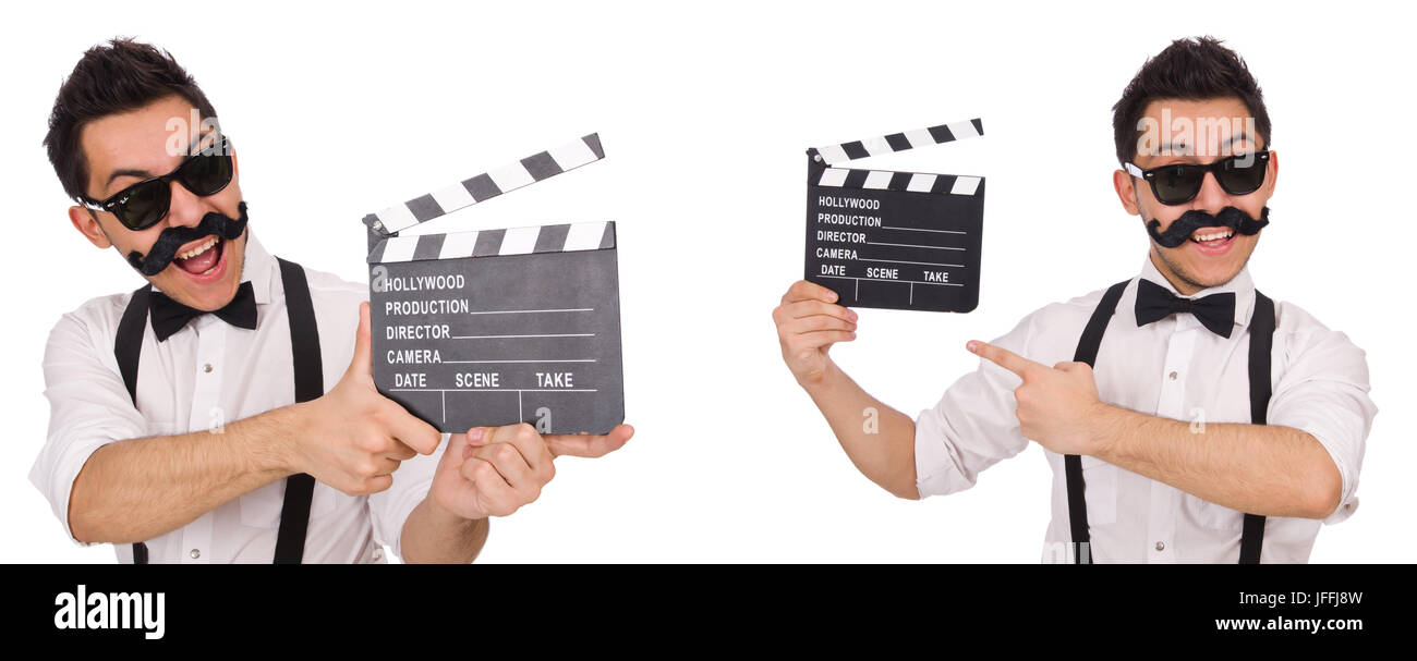 Funny with movie clapper isolated on white Stock Photo - Alamy