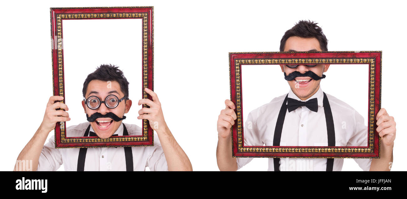 Young man with frame isolated on white Stock Photo - Alamy