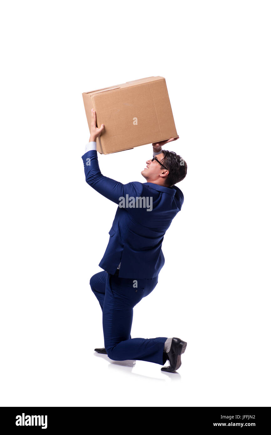 Businessman lifting box isolated on white Stock Photo - Alamy