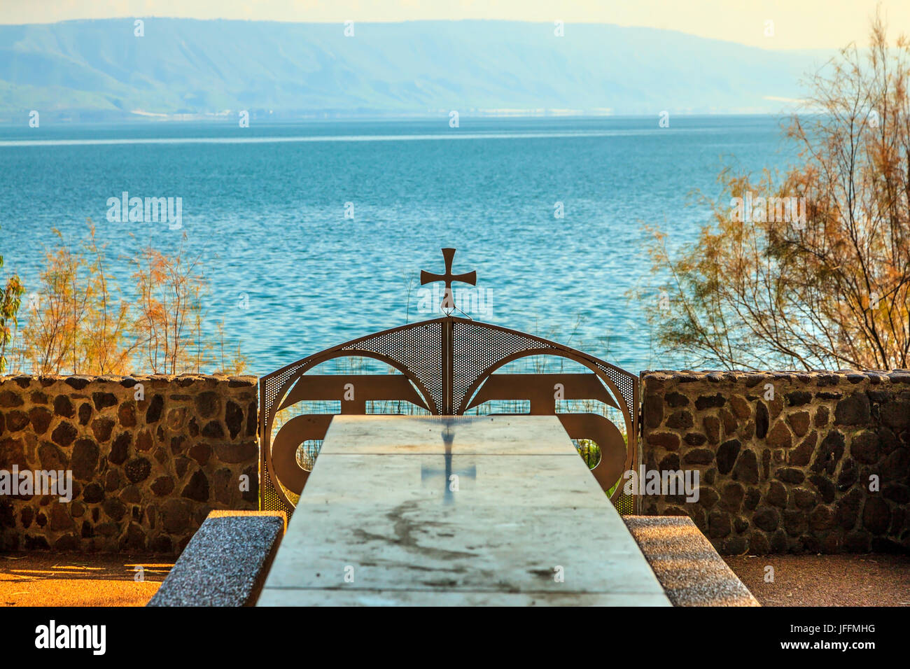 Table for pilgrims on the shore of Galilee Stock Photo - Alamy