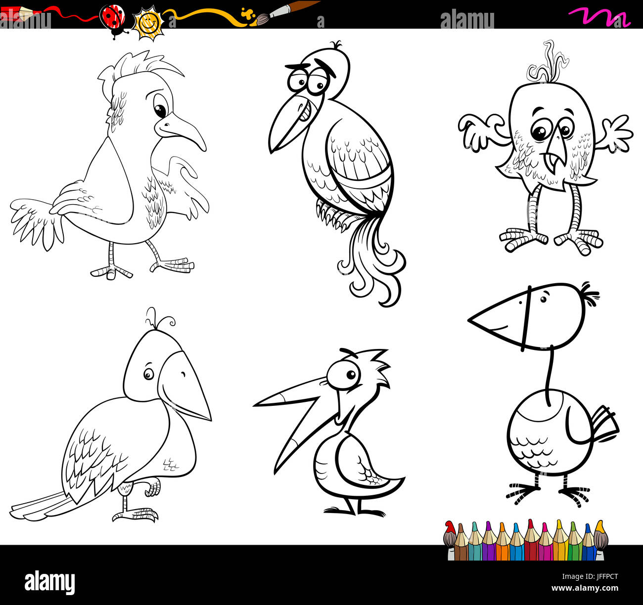 fantasy birds set coloring page Stock Photo - Alamy