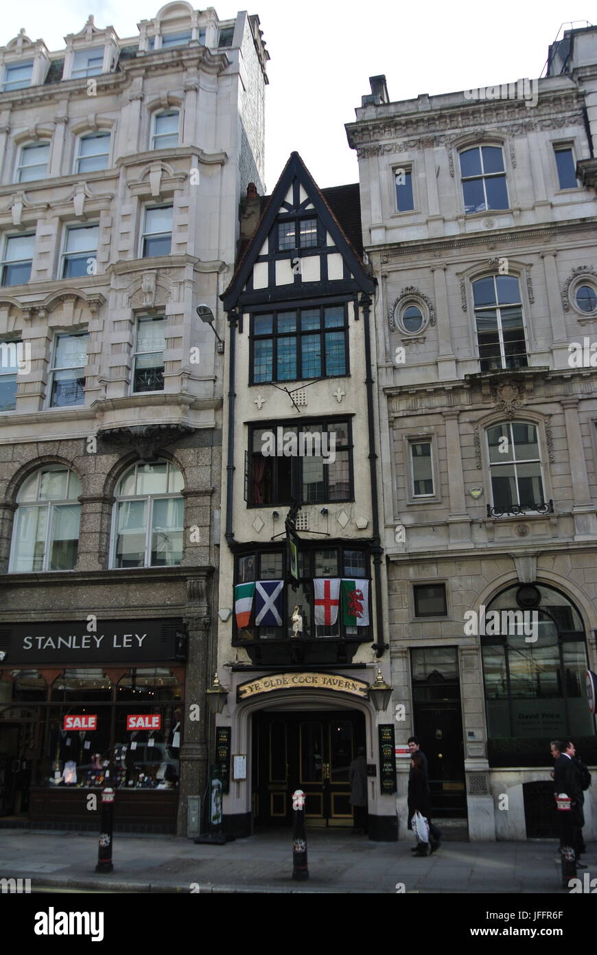Flags of Great Britain displayed on the front facing of Ye Olde Cock ...