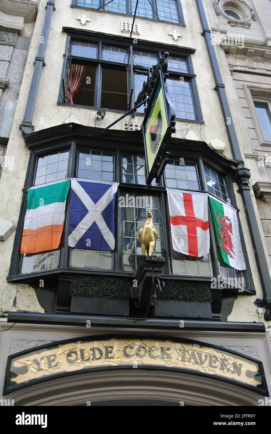 Flags of Great Britain displayed on the front facing of Ye Olde Cock ...