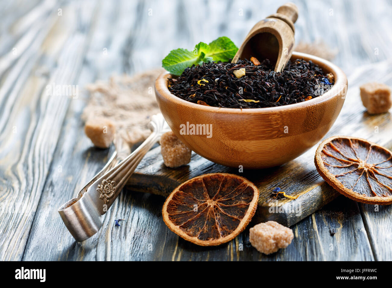 Black tea with bergamot and flower petals Stock Photo - Alamy