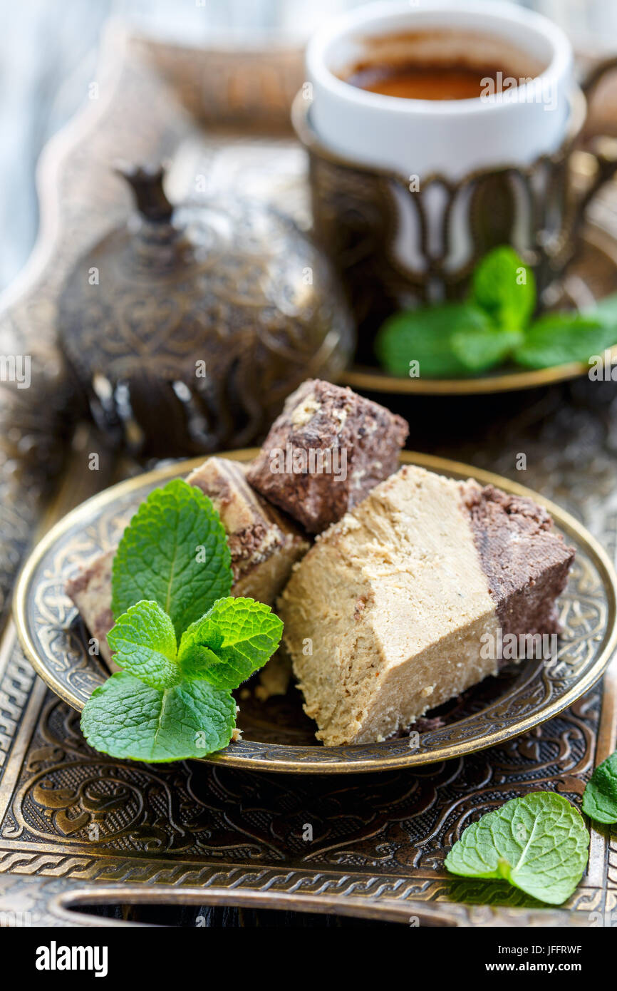 Tahini halva with chocolate and Turkish coffee Stock Photo - Alamy