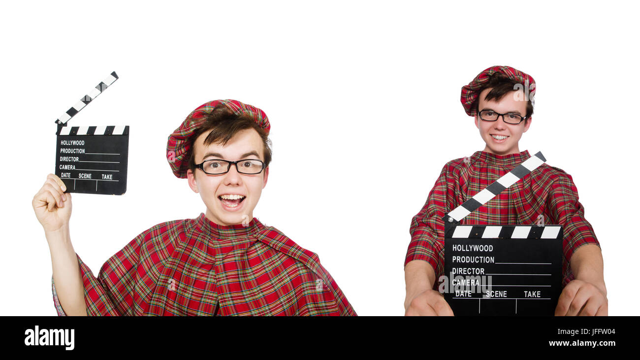 Funny scotsman with movie board on white Stock Photo - Alamy