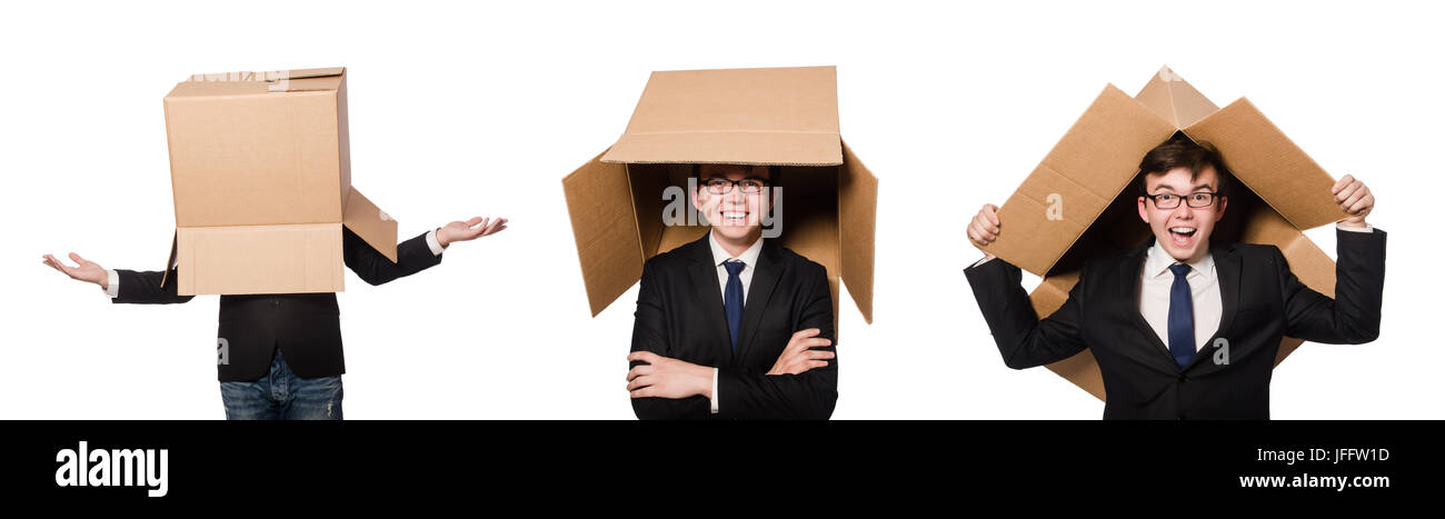 Funny man with boxes isolated on white Stock Photo - Alamy
