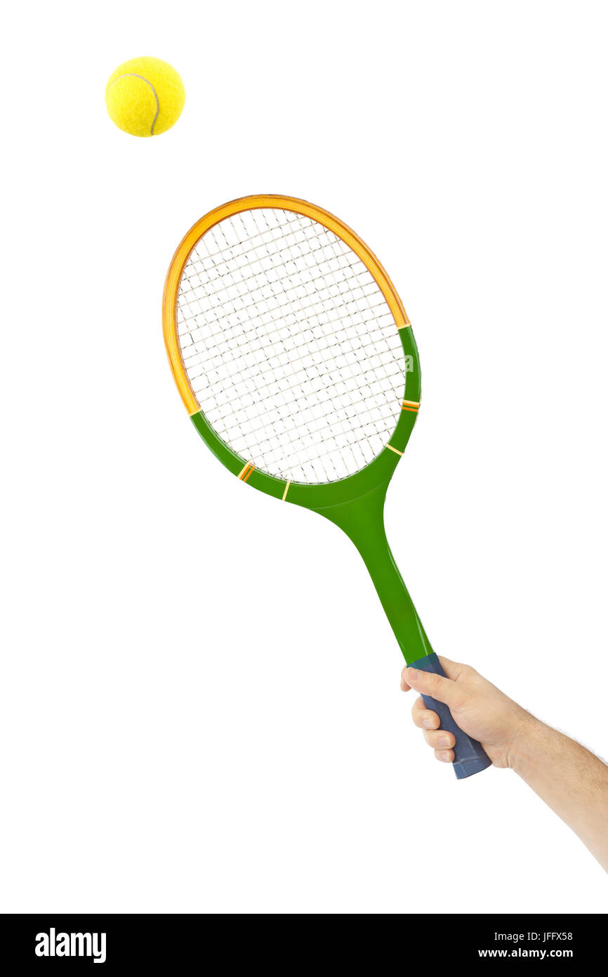 Hand with tennis racket and ball Stock Photo - Alamy