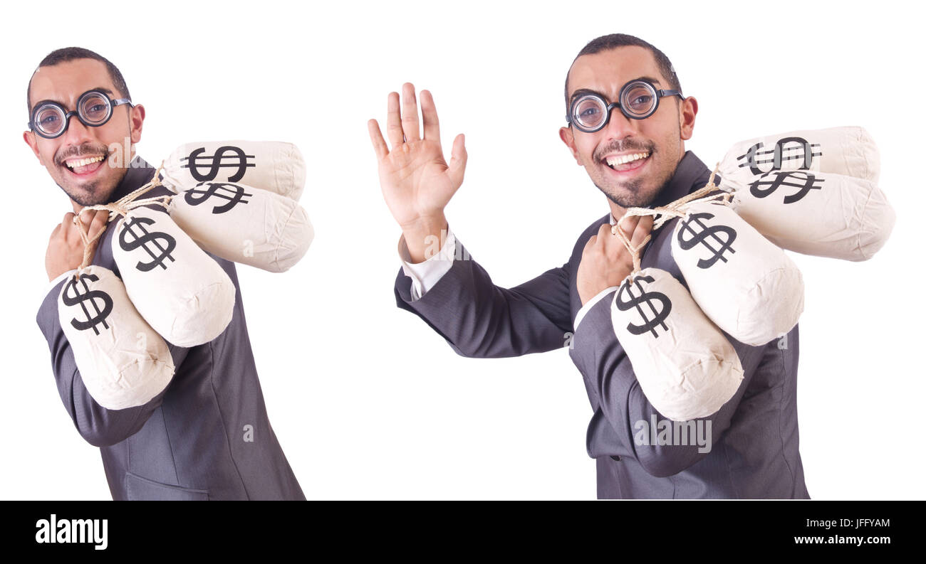 Man with money sacks on white Stock Photo - Alamy