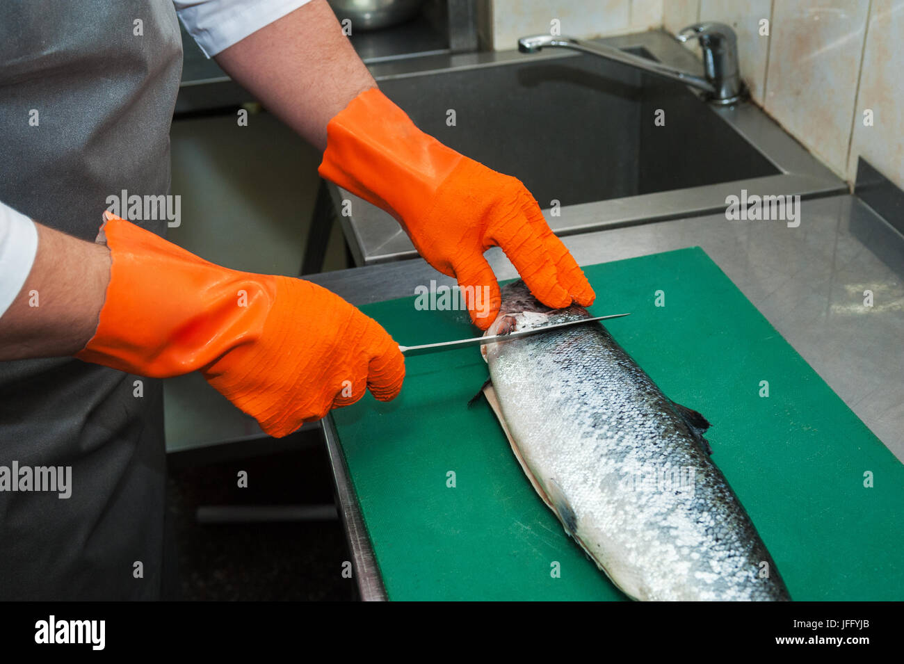 cutting salmon fish Stock Photo - Alamy
