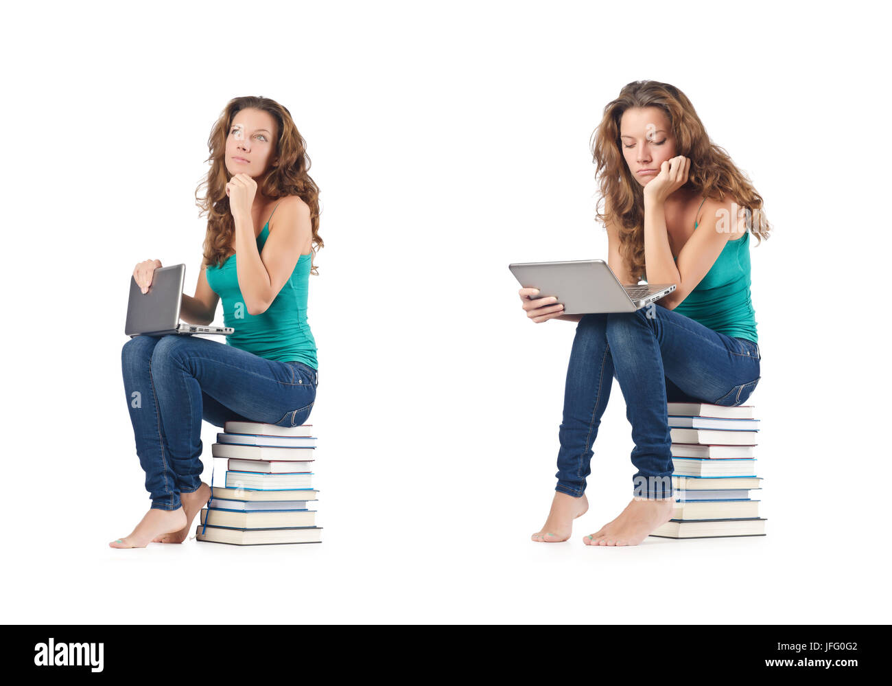 Student with netbook sitting on books Stock Photo - Alamy