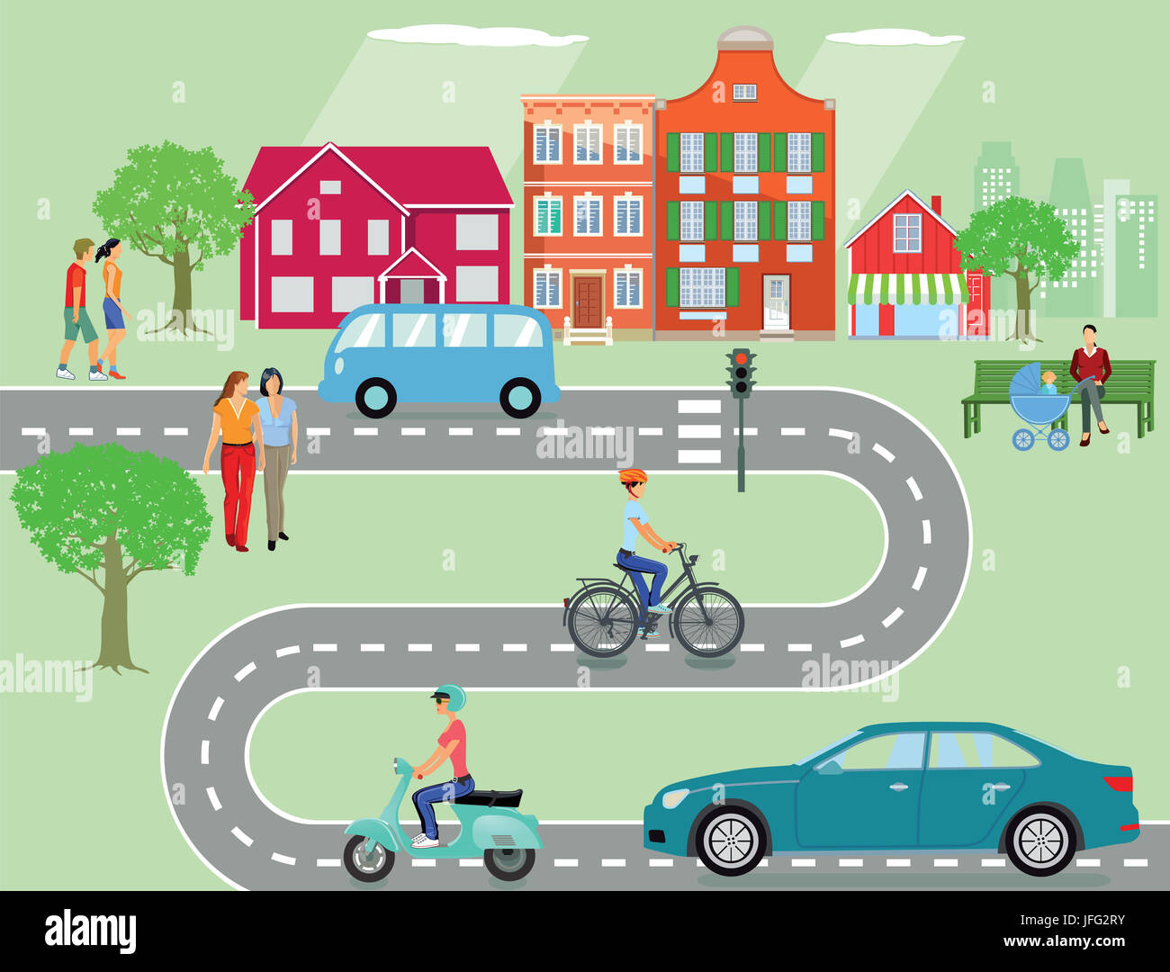 Community with road traffic and people Stock Photo - Alamy