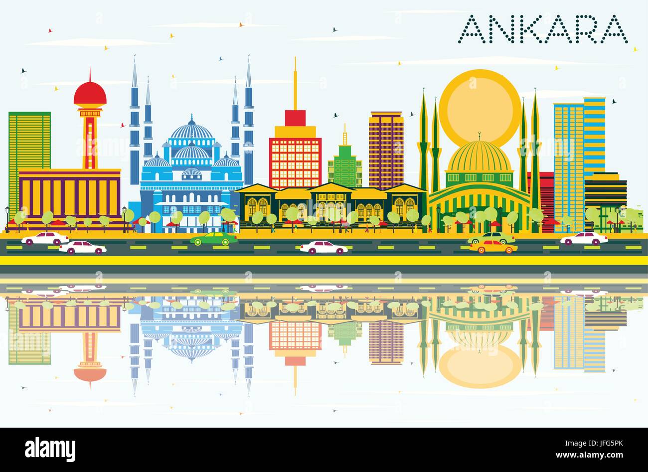 Ankara Skyline with Color Buildings, Blue Sky and Reflections. Vector ...
