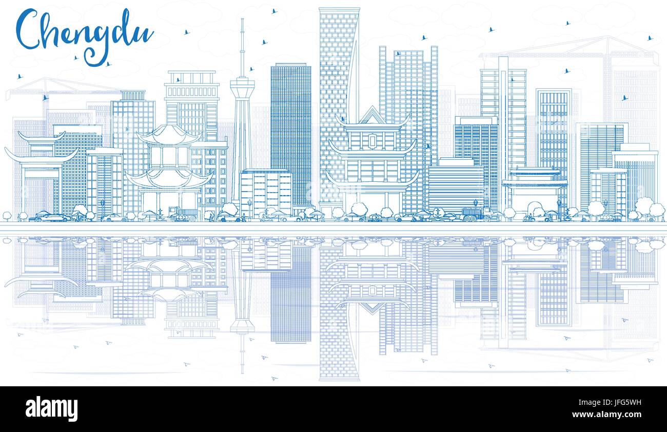 Outline Chengdu Skyline with Blue Buildings and Reflections. Vector ...