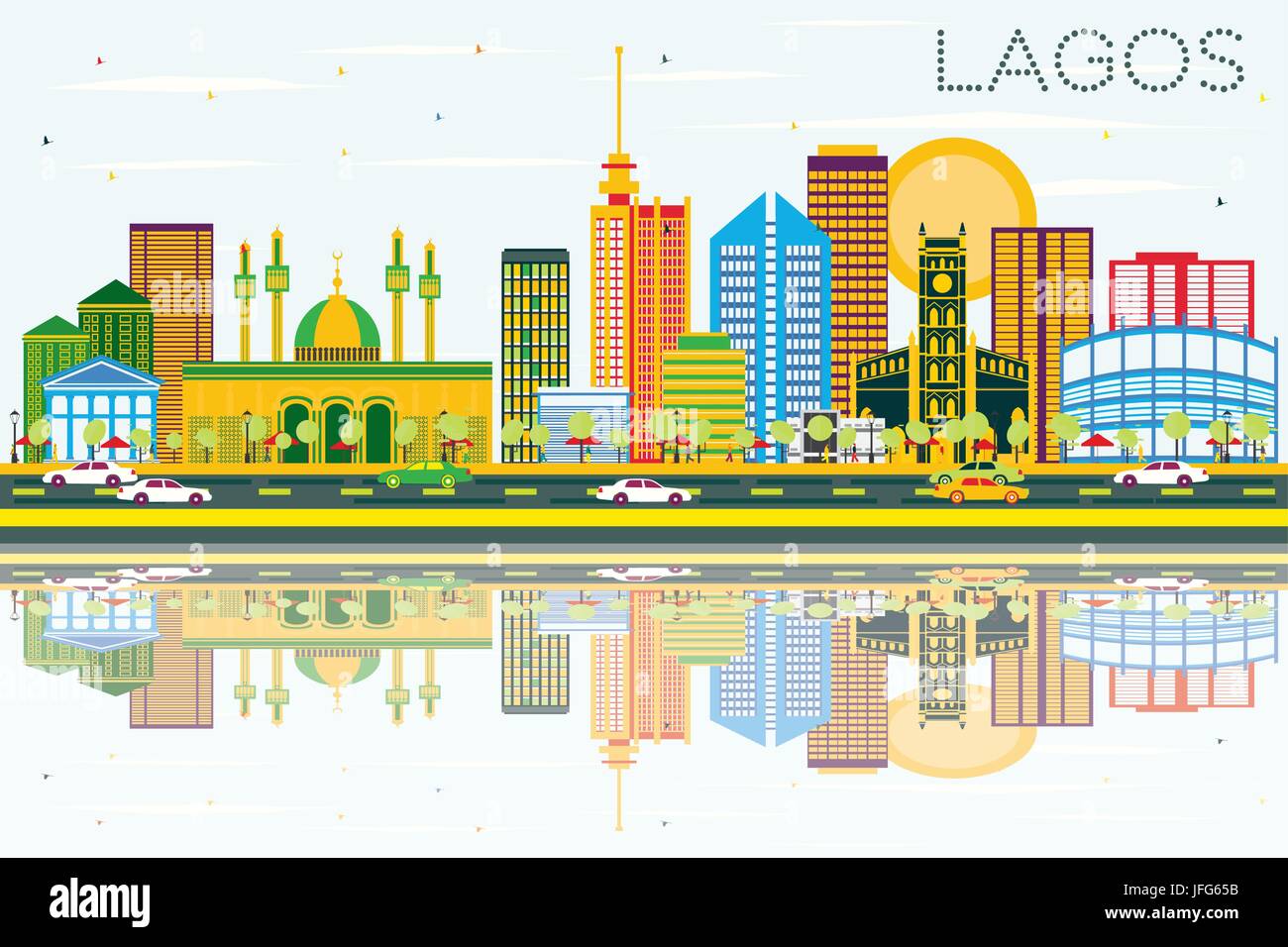 Lagos Skyline with Color Buildings, Blue Sky and Reflections. Vector ...