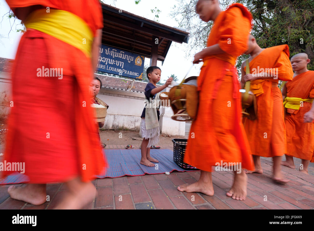 Kid gives sticky rice to buddhist monks wearing orange robes on the ...