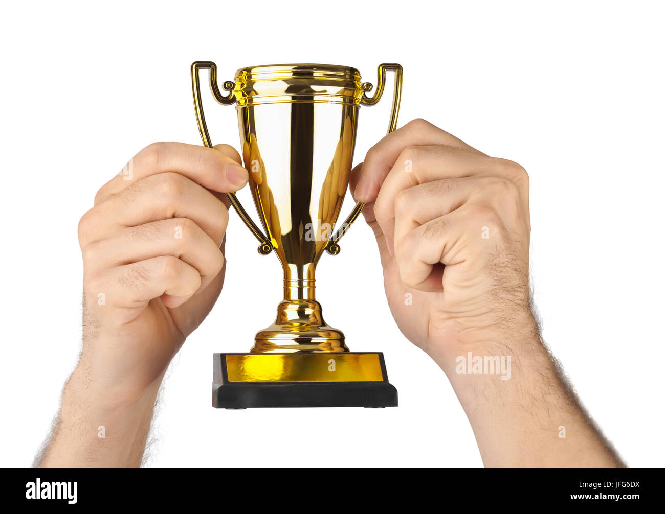 Golden trophy cup in hands Stock Photo - Alamy