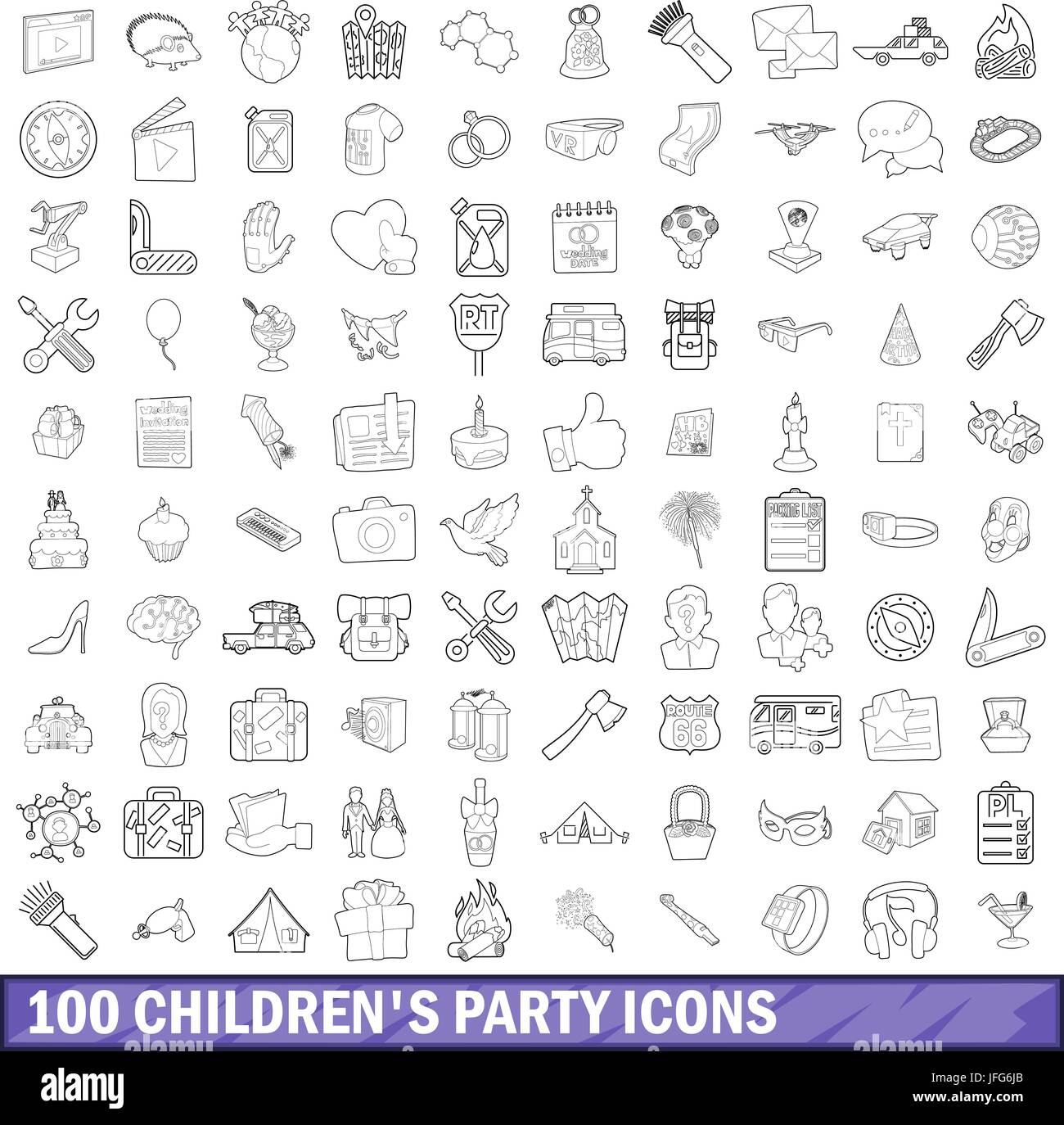 100 children party icons set, outline style Stock Vector Image & Art ...