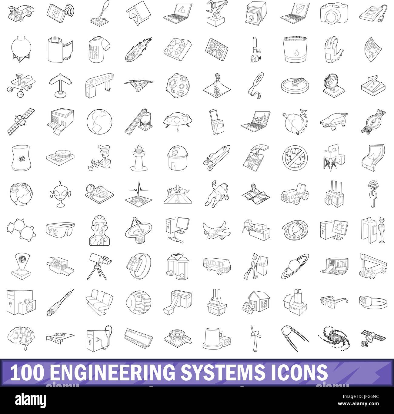 100 engineering systems icons set, outline style Stock Vector Image ...