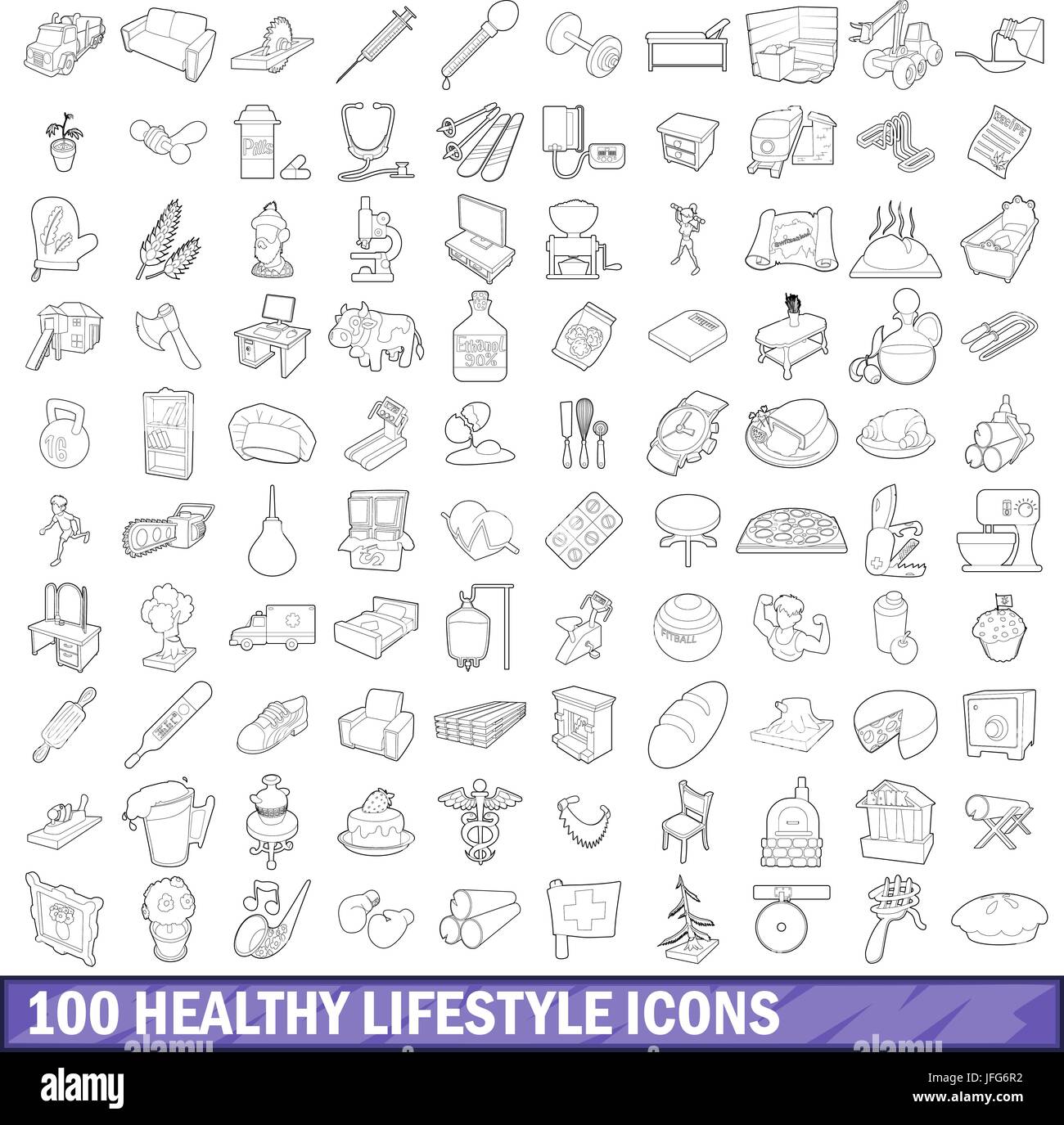 100 healthy lifestyle icons set, outline style Stock Vector Image & Art ...
