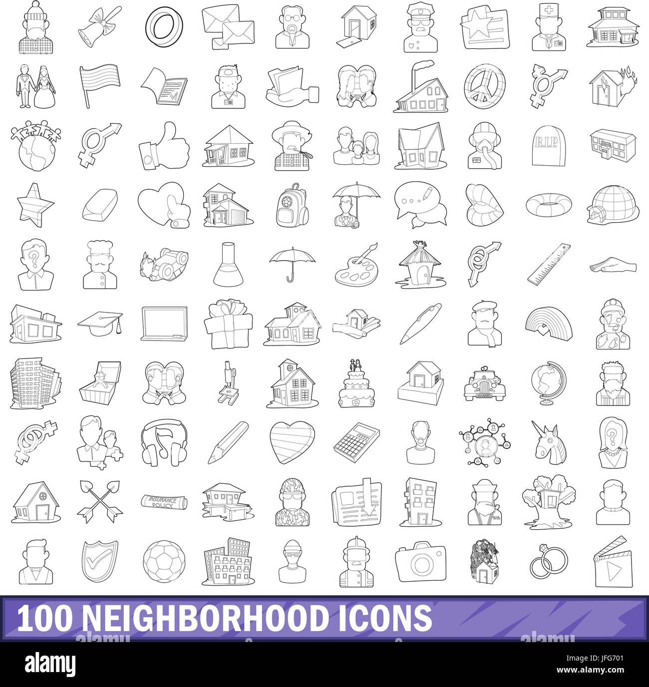 100 neighborhood icons set, outline style Stock Vector Image & Art - Alamy