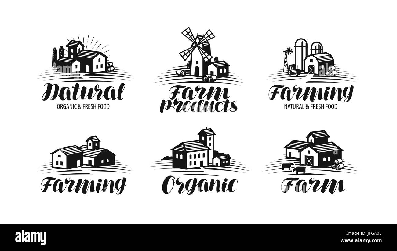 Farm, farming label set. Agriculture, agribusiness, building icon or ...