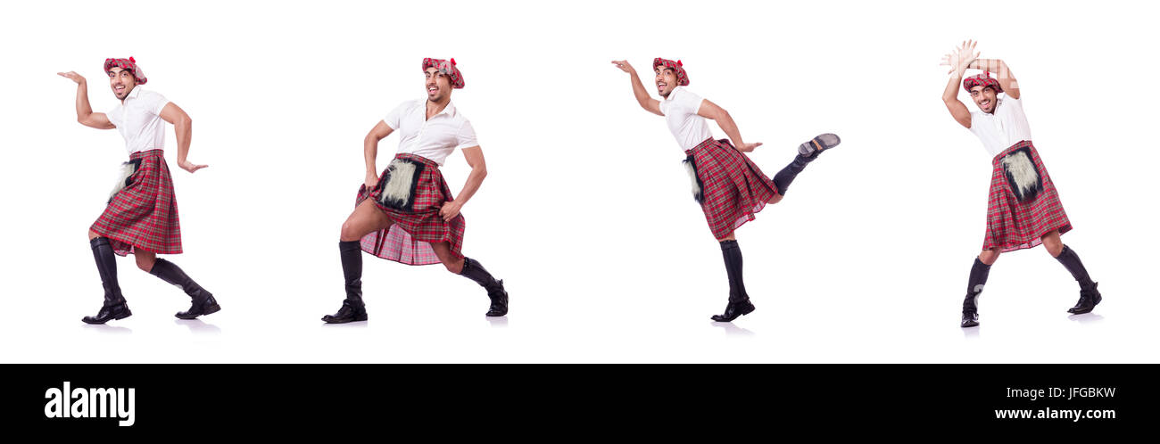 Scottish man dancing on white Stock Photo - Alamy