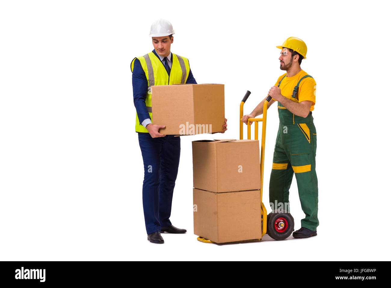 Two workers isolated on the white background Stock Photo - Alamy