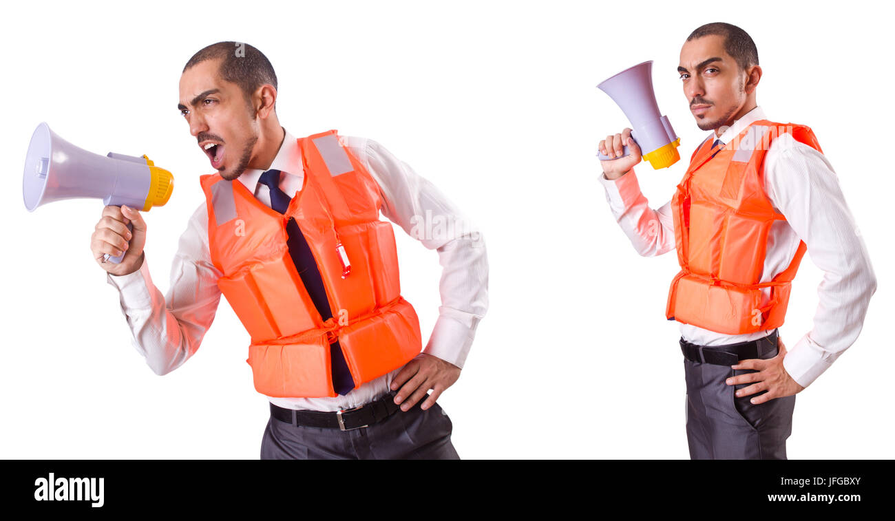 Man in life jacket isolated on white Stock Photo - Alamy