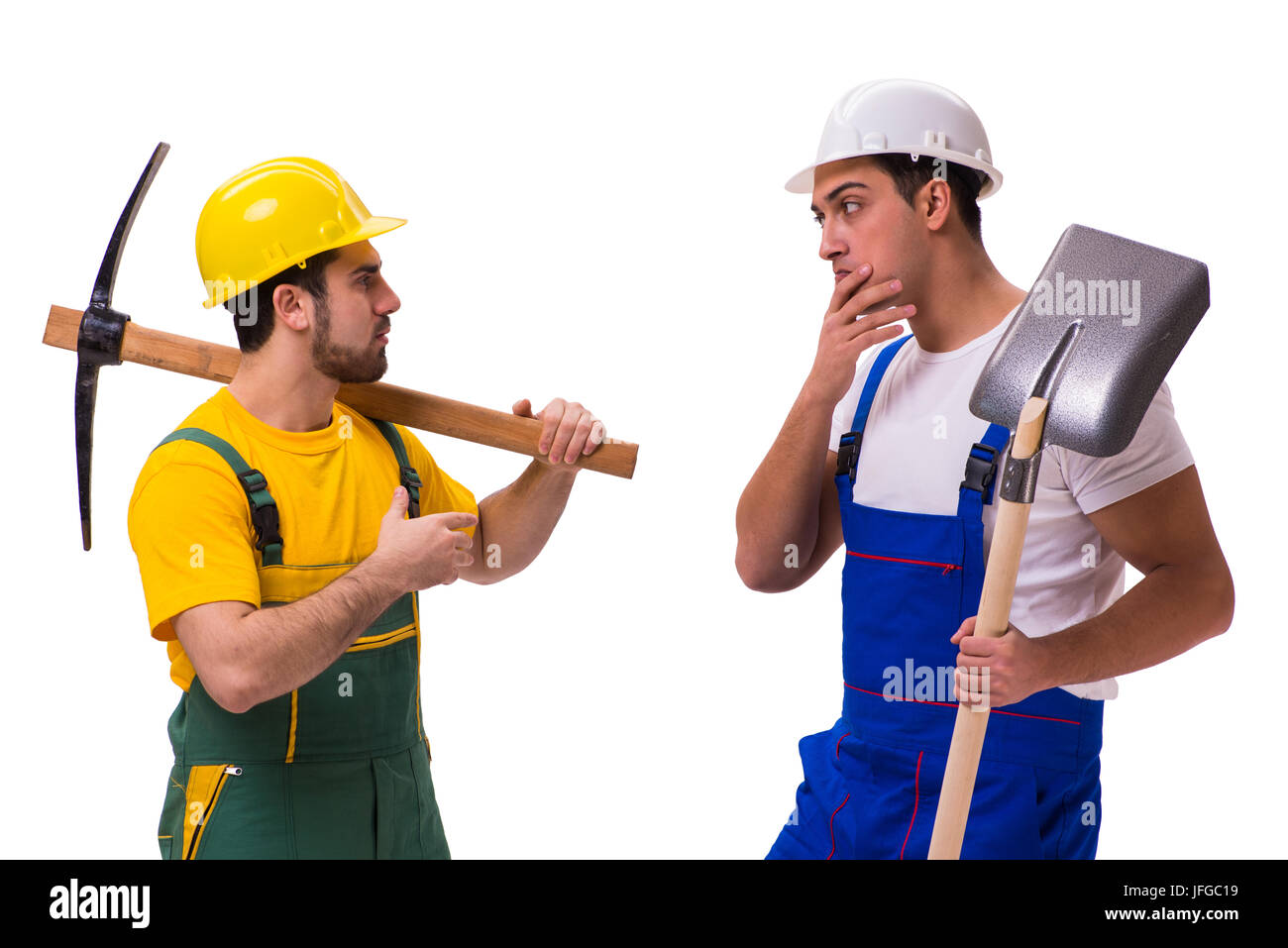 Two workers isolated on the white background Stock Photo - Alamy