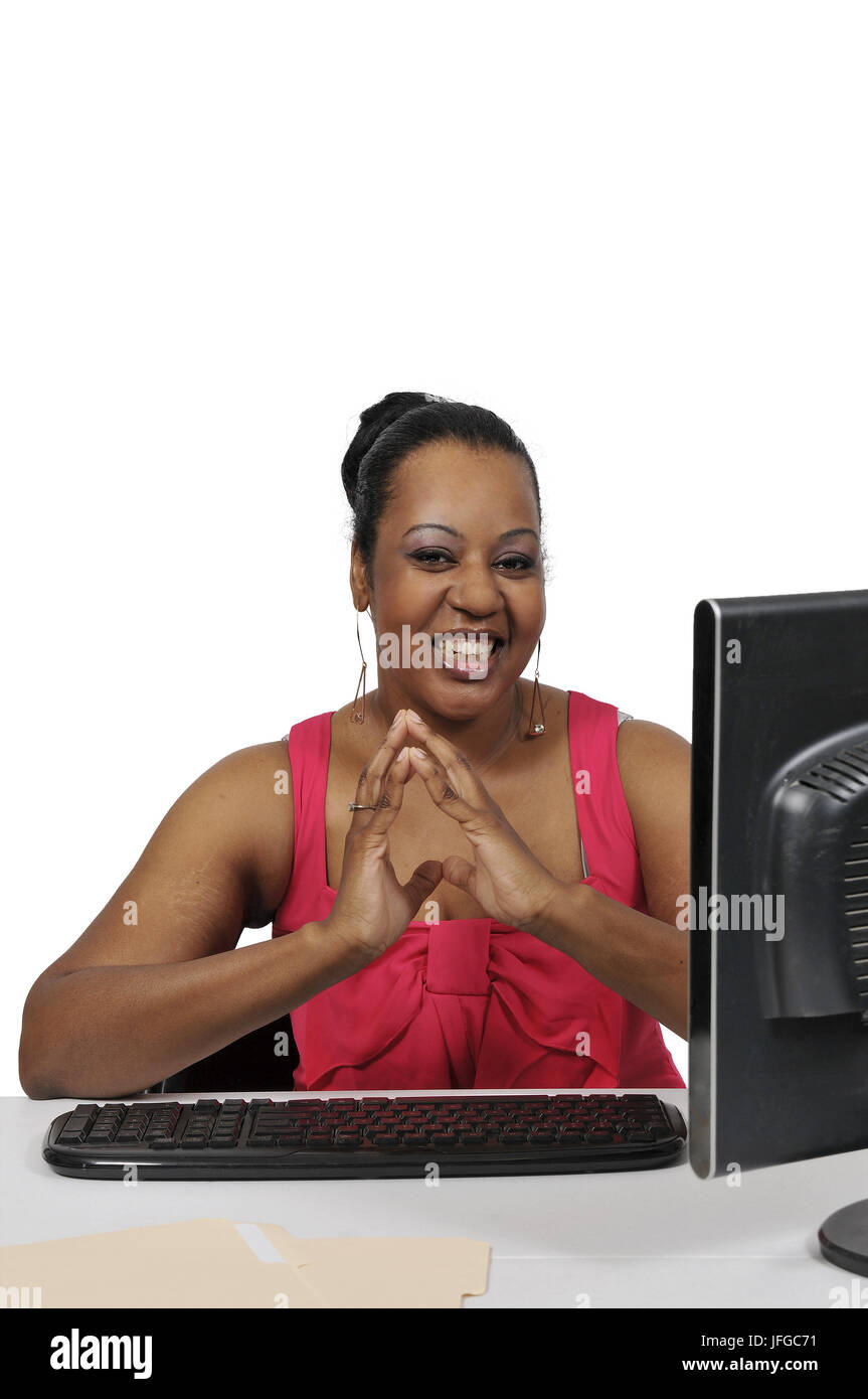 Woman on desktop computer Stock Photo - Alamy
