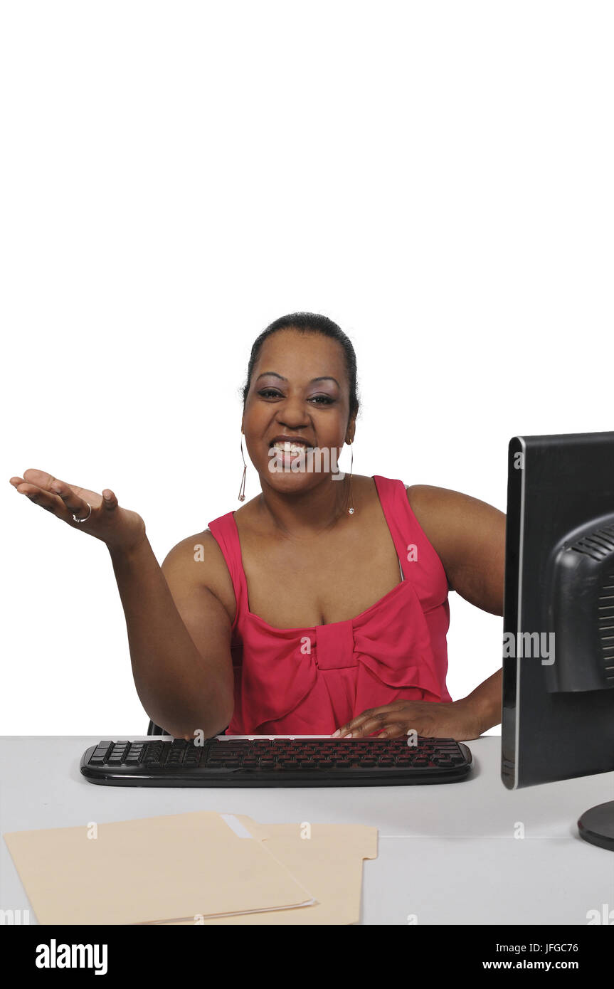 Woman on desktop computer Stock Photo - Alamy