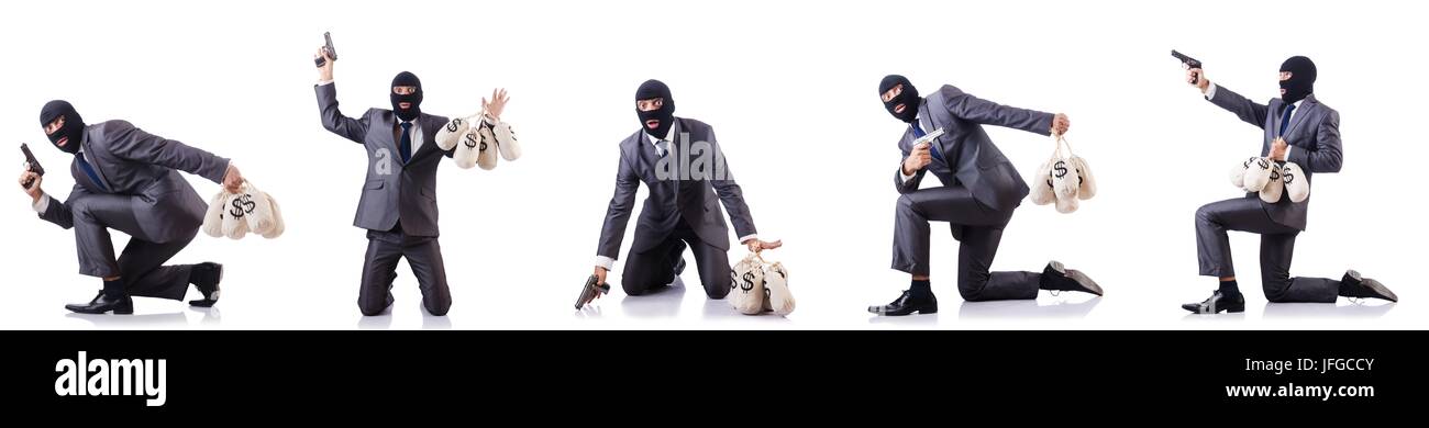 Gangster with bags of money on white Stock Photo - Alamy