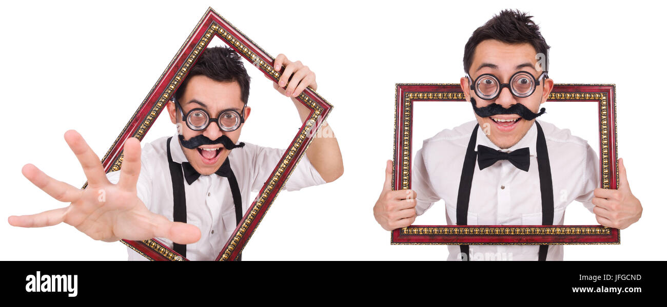 Young man with frame isolated on white Stock Photo - Alamy