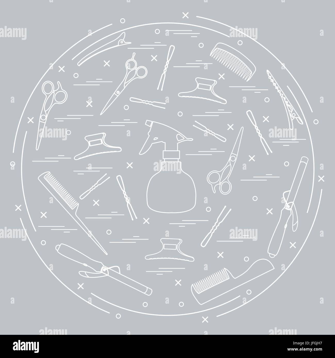 Vector illustration elements arranged in a circle: curling iron ...
